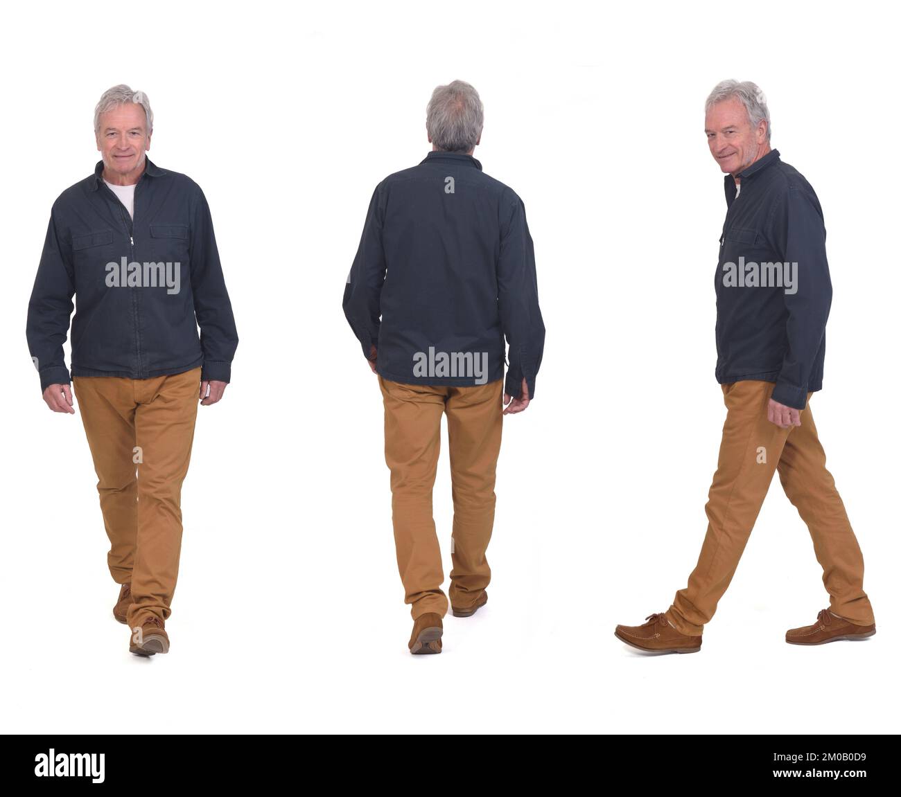 front, back and side view of same men walking on white background Stock ...