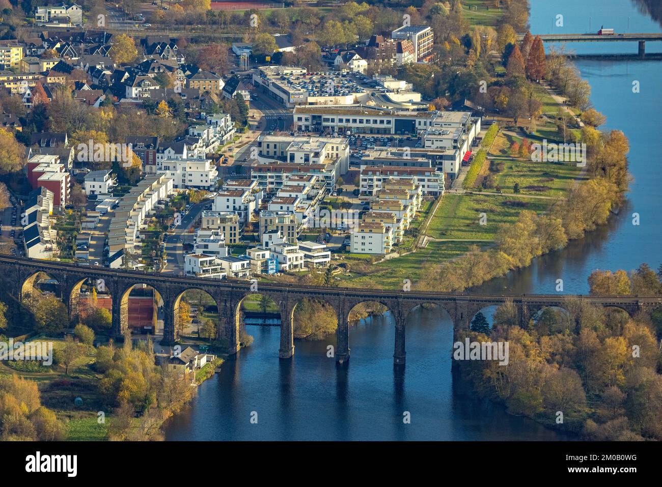 Aerial view, Ruhr viaduct and Ruhr-Aue quarter with Ruhr promenade at ...