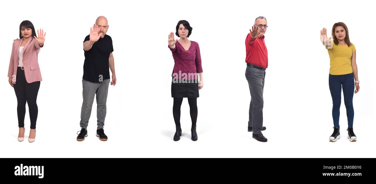 group of people showing the stop sign with their hands on white ...