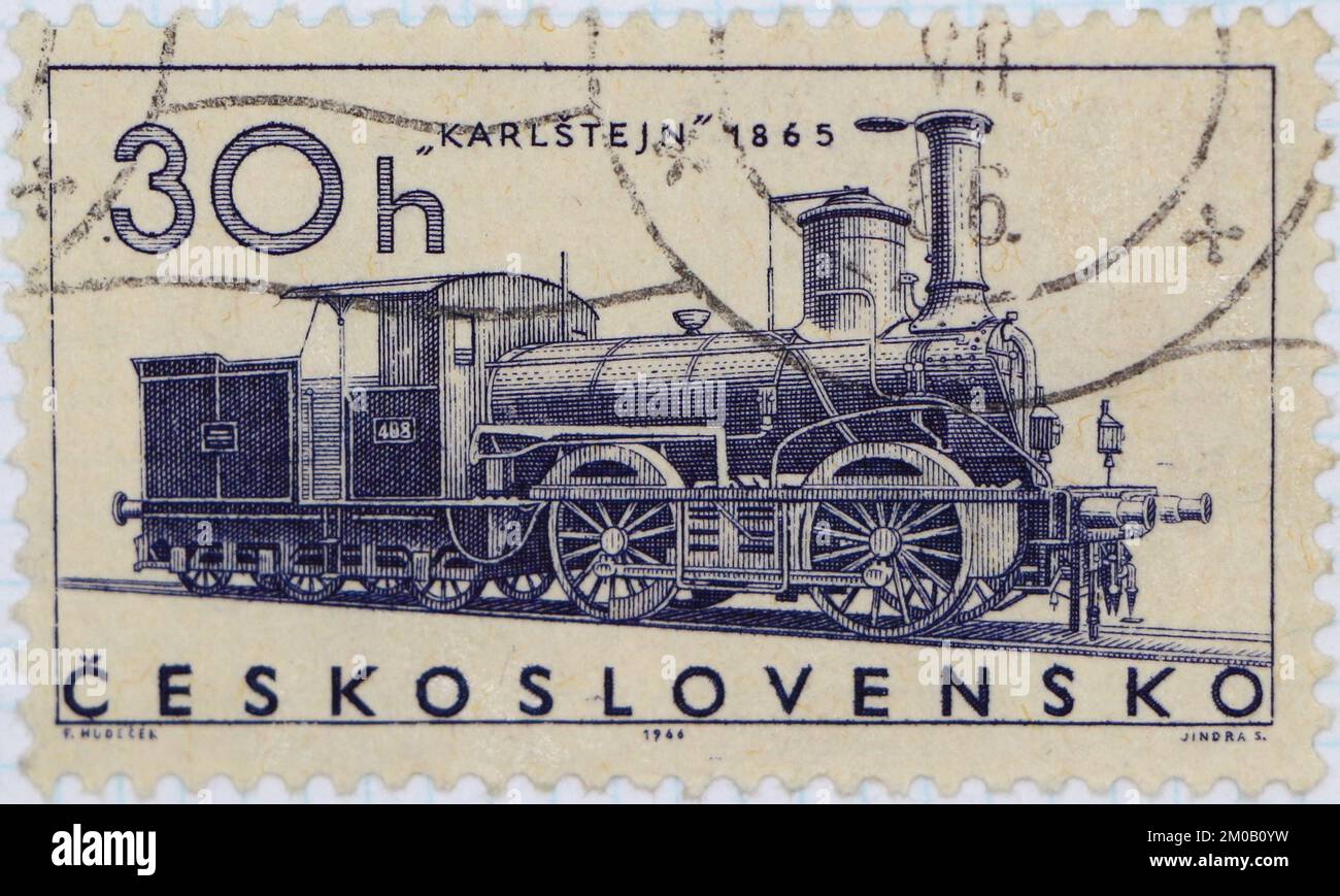 Photo of a postage stamp from Czechoslovakia Steam engine KARLŠTEJN ...