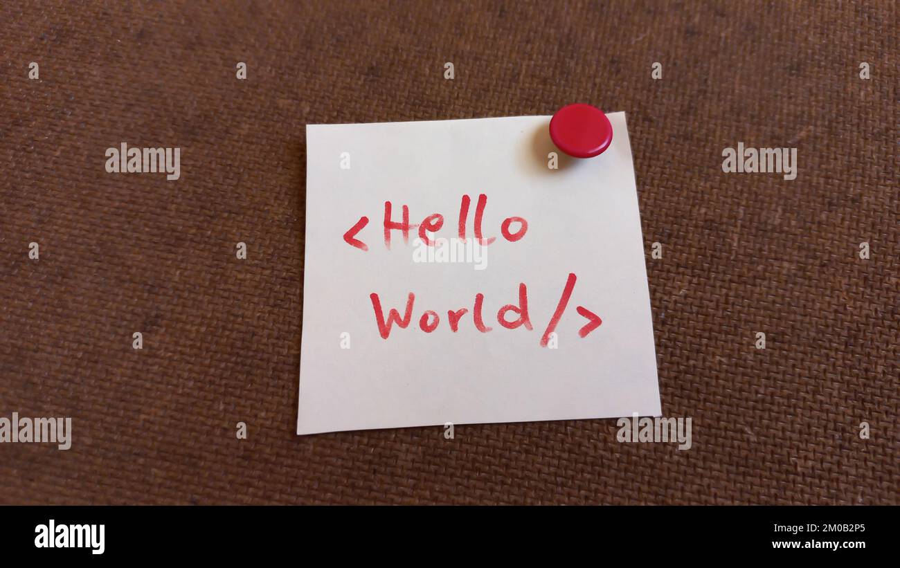 Red Text Hello World on sticky notes Stock Photo - Alamy