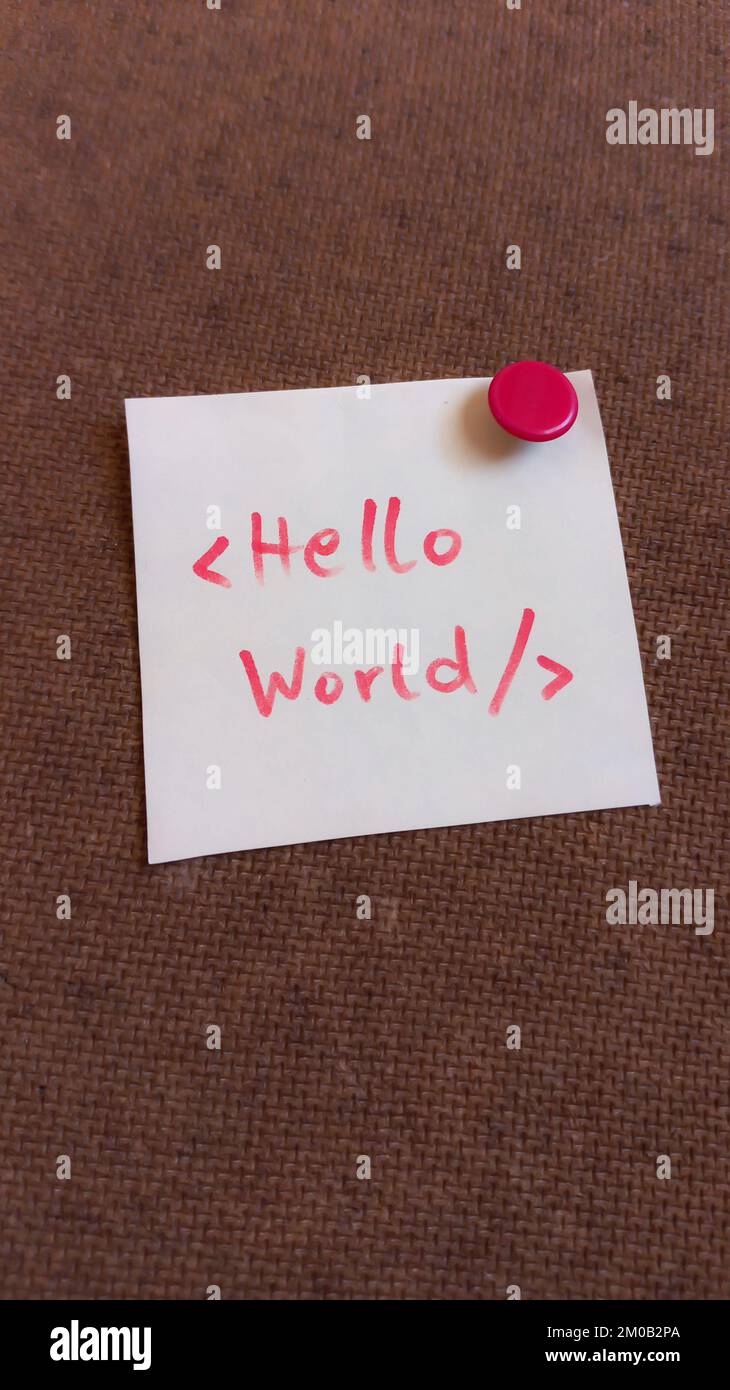 Red Text Hello World on sticky notes Stock Photo - Alamy