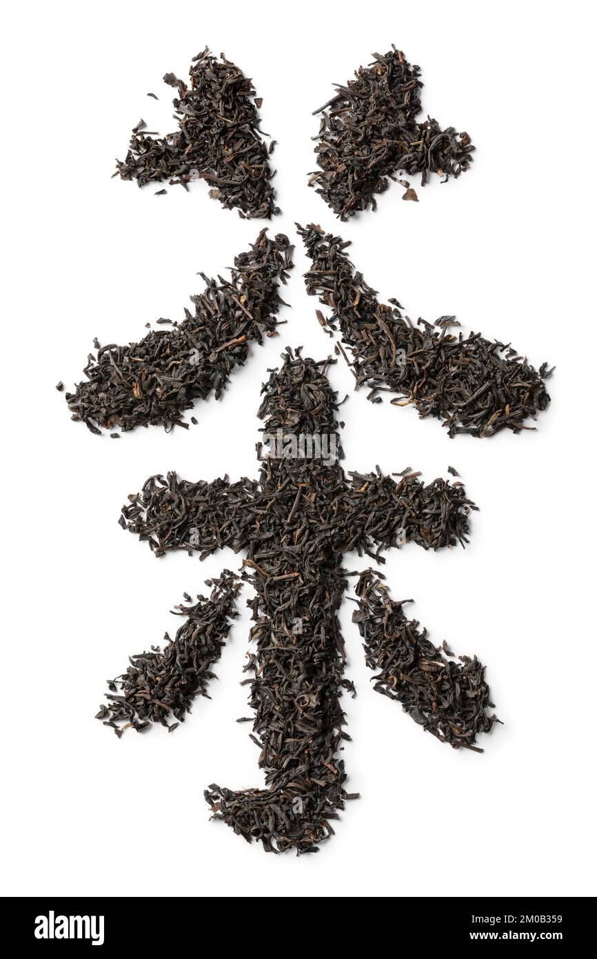 Tea sign written in chinese with Chinese Keemun dried tea leaves close ...