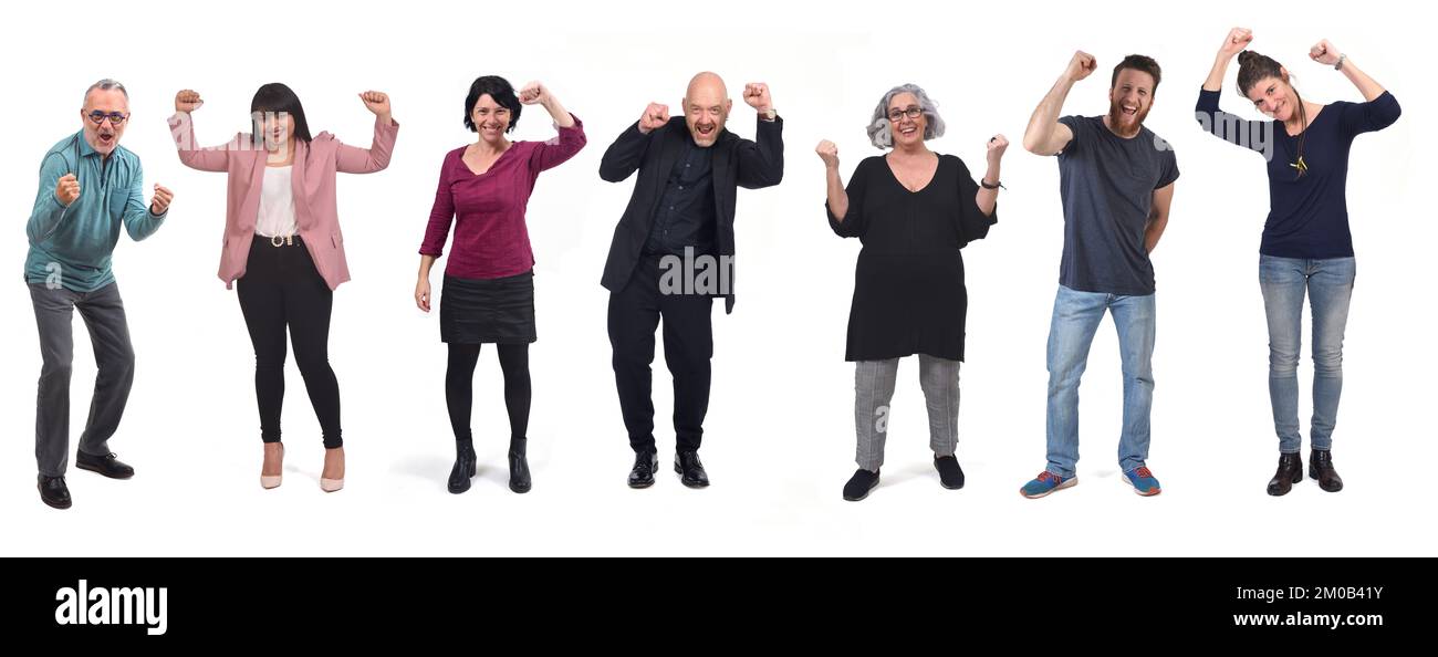 group of peope doing the sign winner on white Stock Photo - Alamy