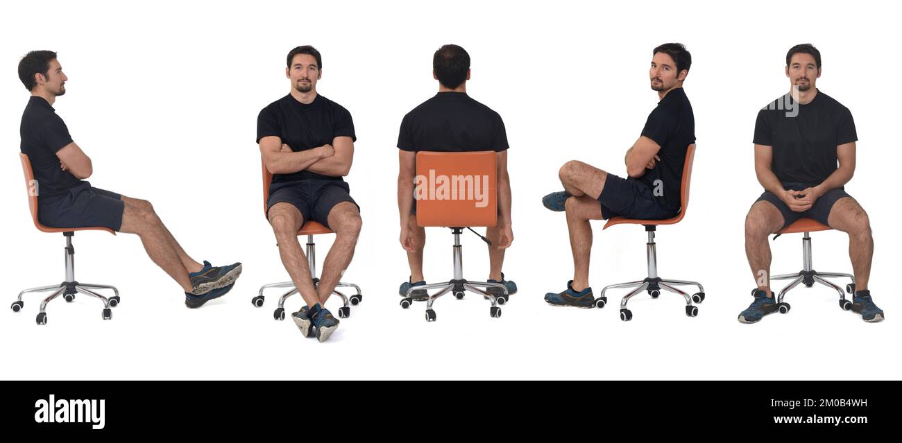 large group of same man with sportswear sitting on chair on white ...