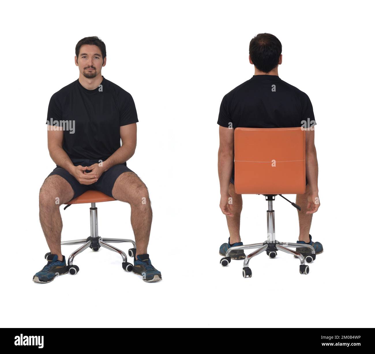front and back view of same man sitting on chair on white background ...