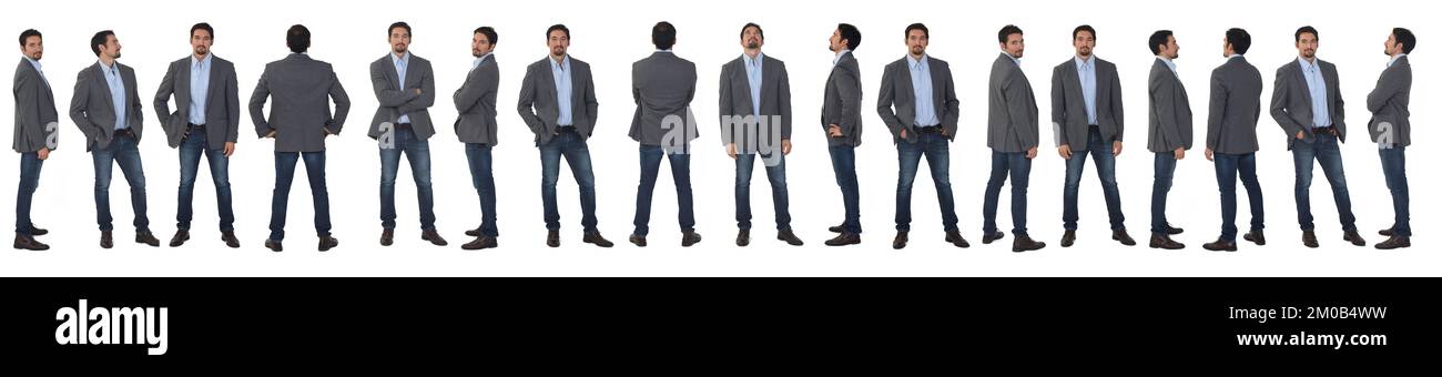 large line of same man wariouos poses on white background Stock Photo ...