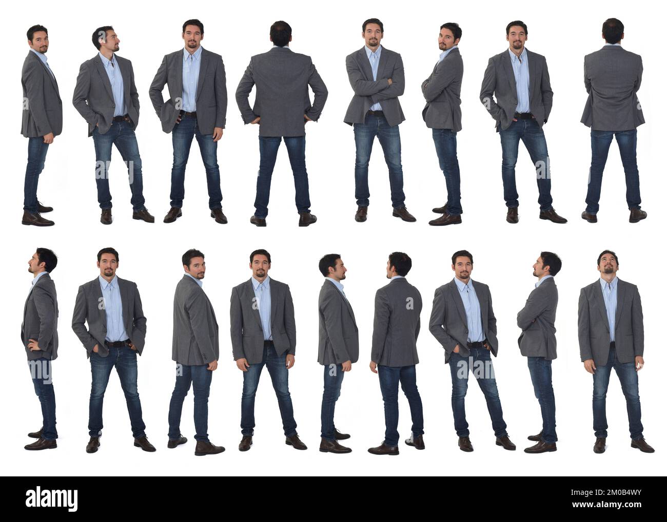 large group of same man with jeans and blazer on wlhite background ...
