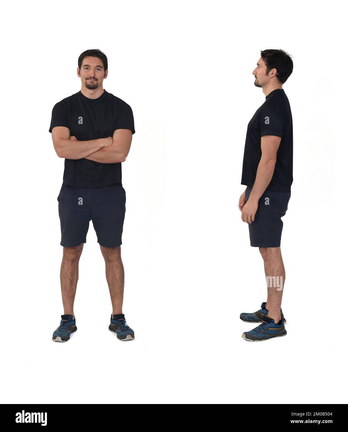 side and front view of same man with stportsweare on white background ...