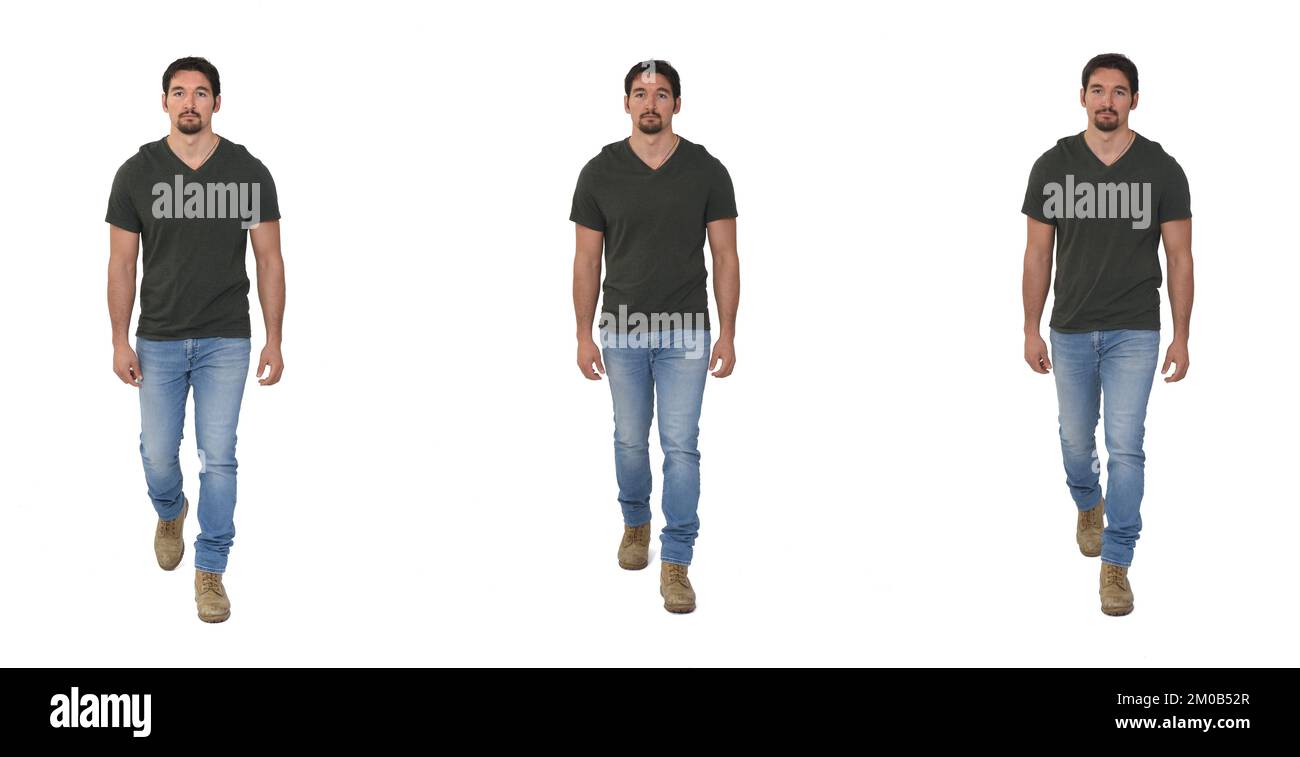 various poses of front view of man same walking on white background ...