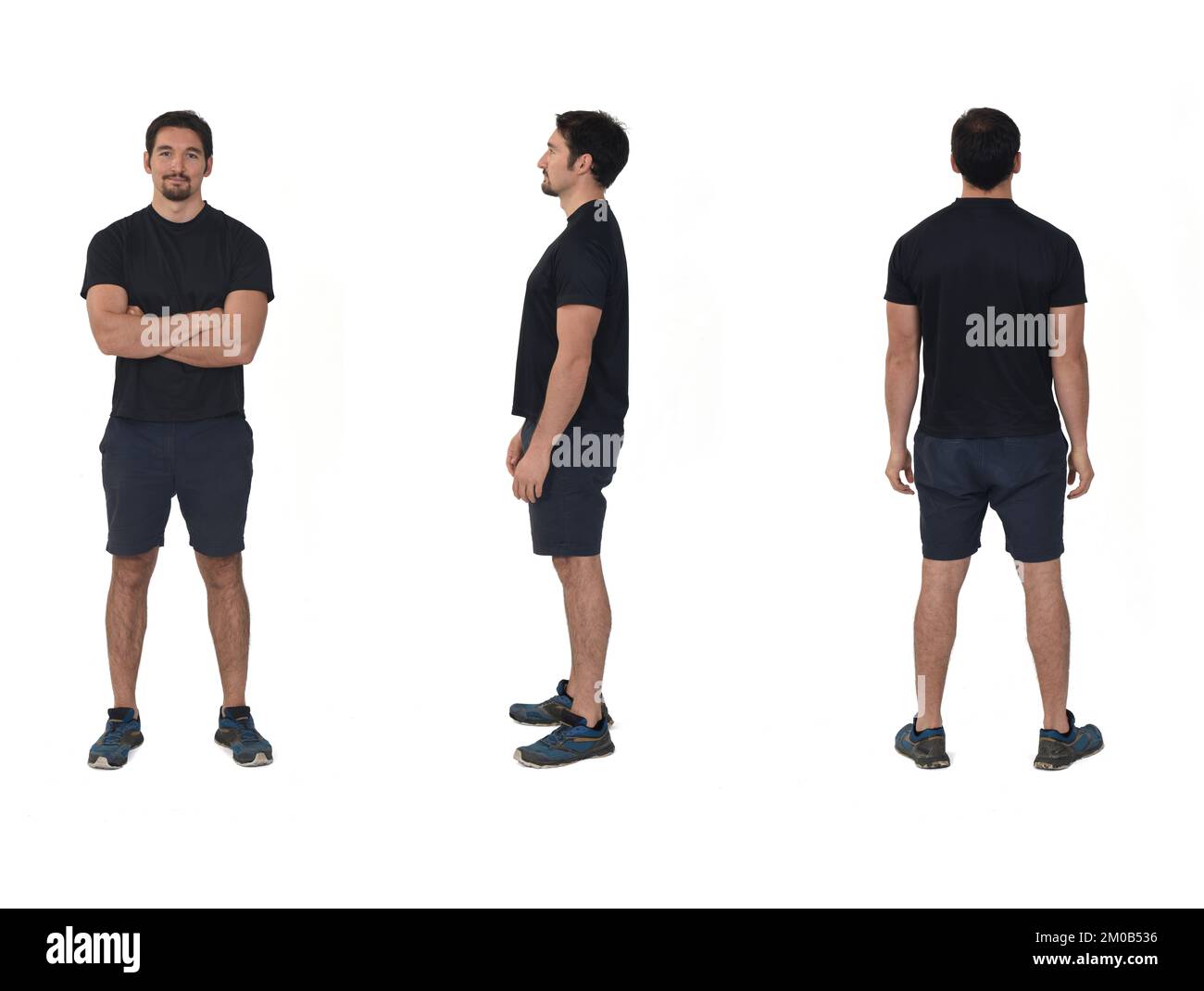 side, back and front view of same man with stportsweare on white ...