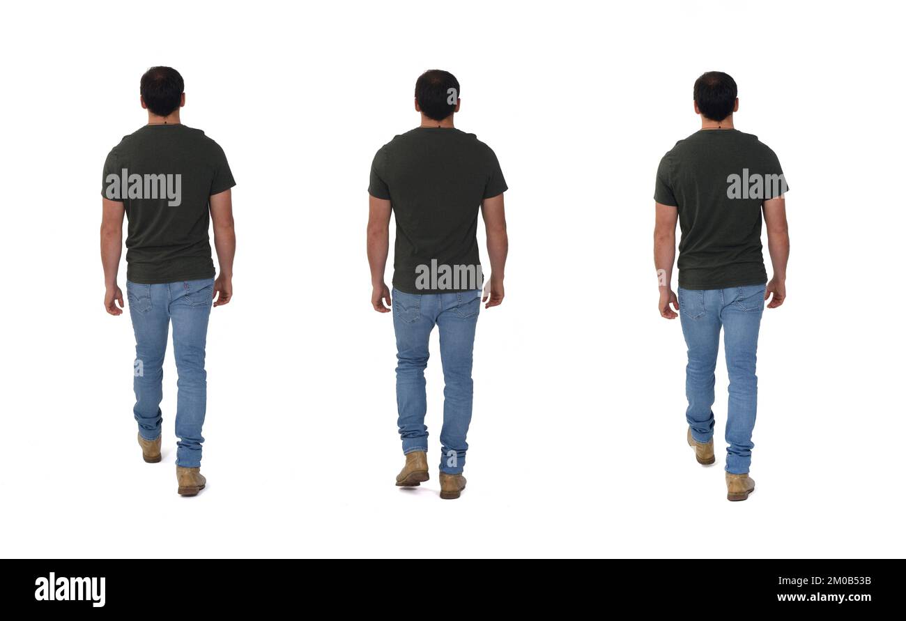 various poses of back view of man same walking on white background ...