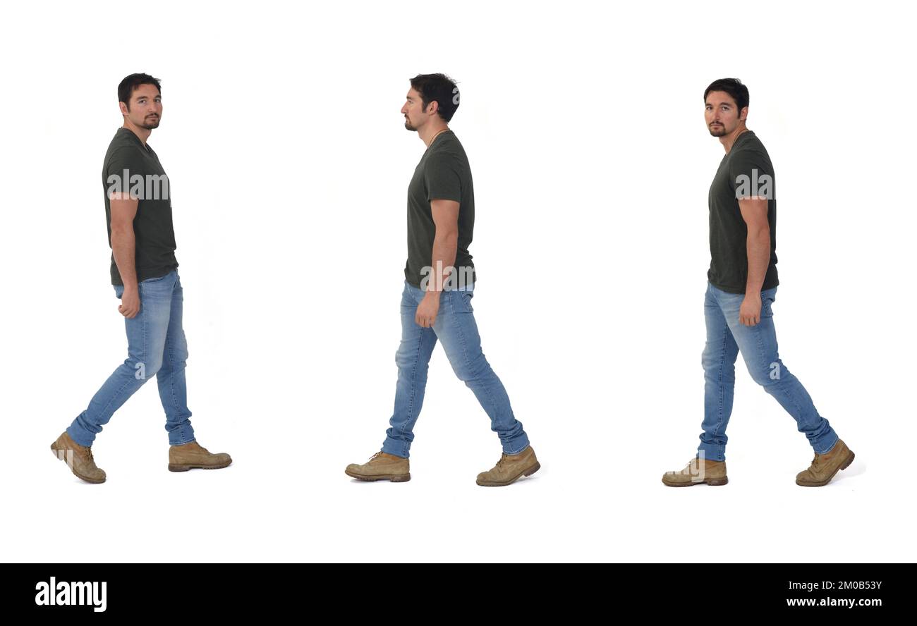side view of group of same man walking on white background Stock Photo ...