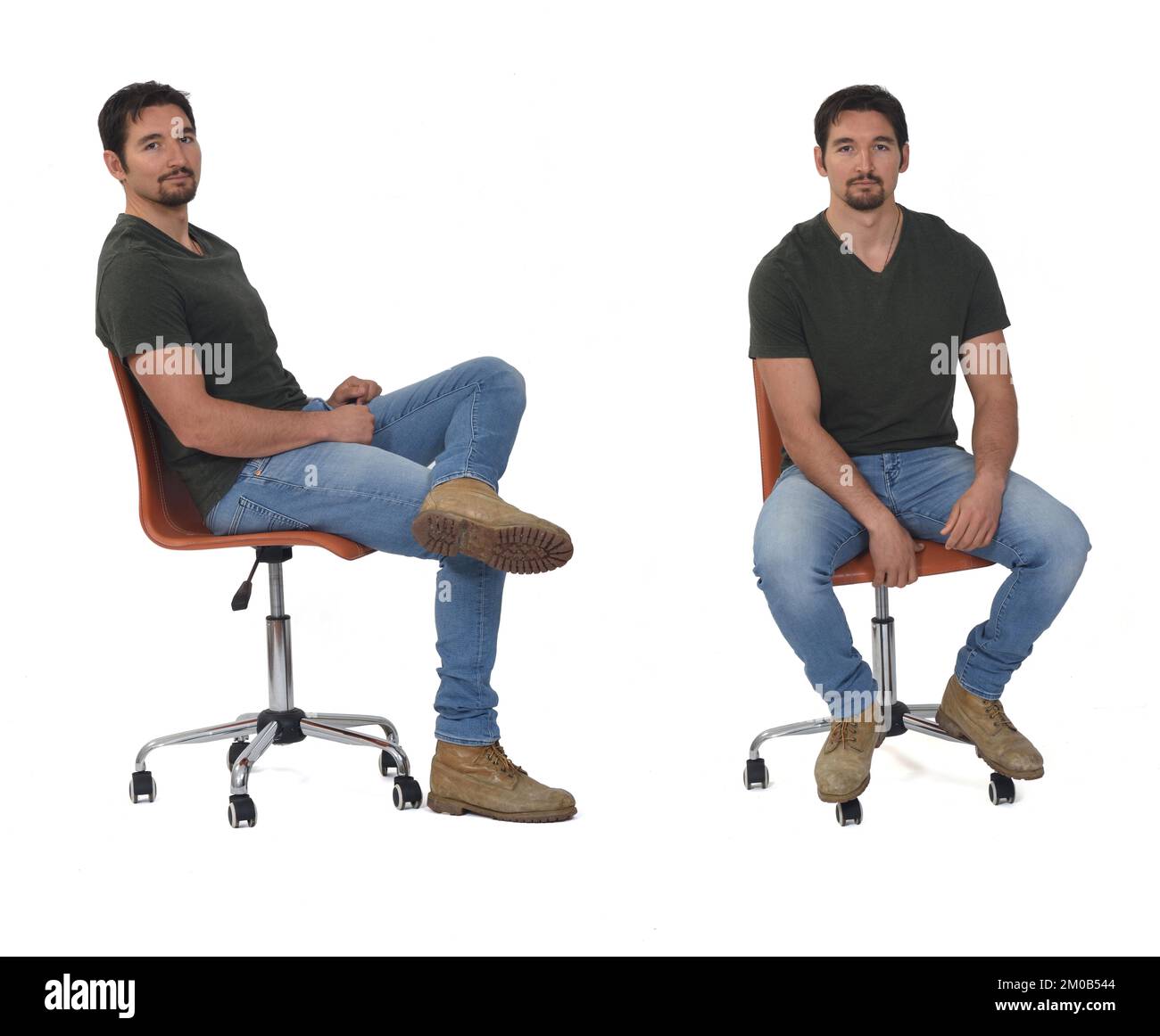 side and front of same men sitting on chair on white background Stock ...