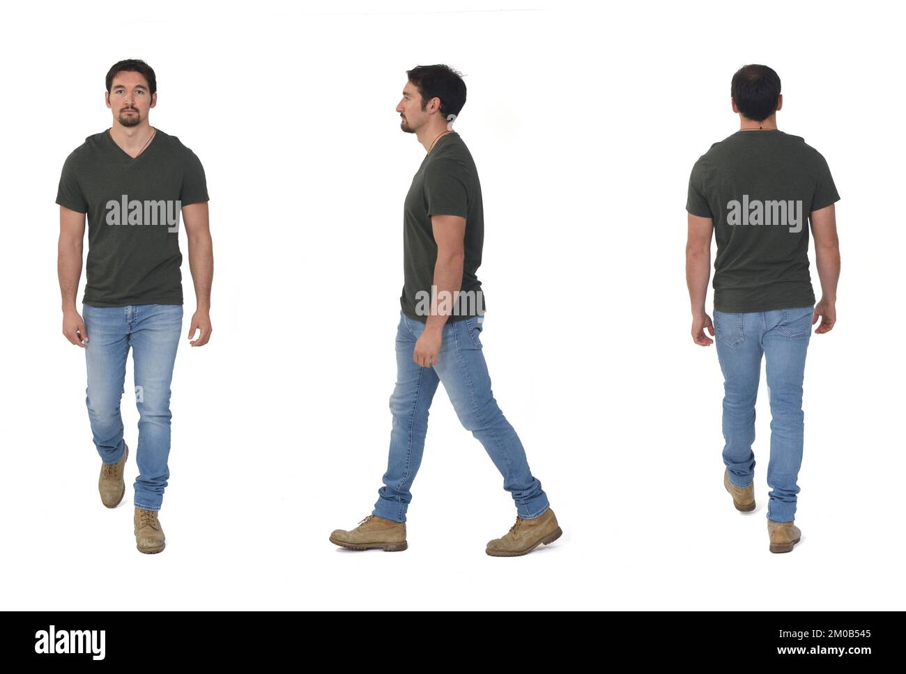 view of same man front, side anb back with jeans walking on white ...