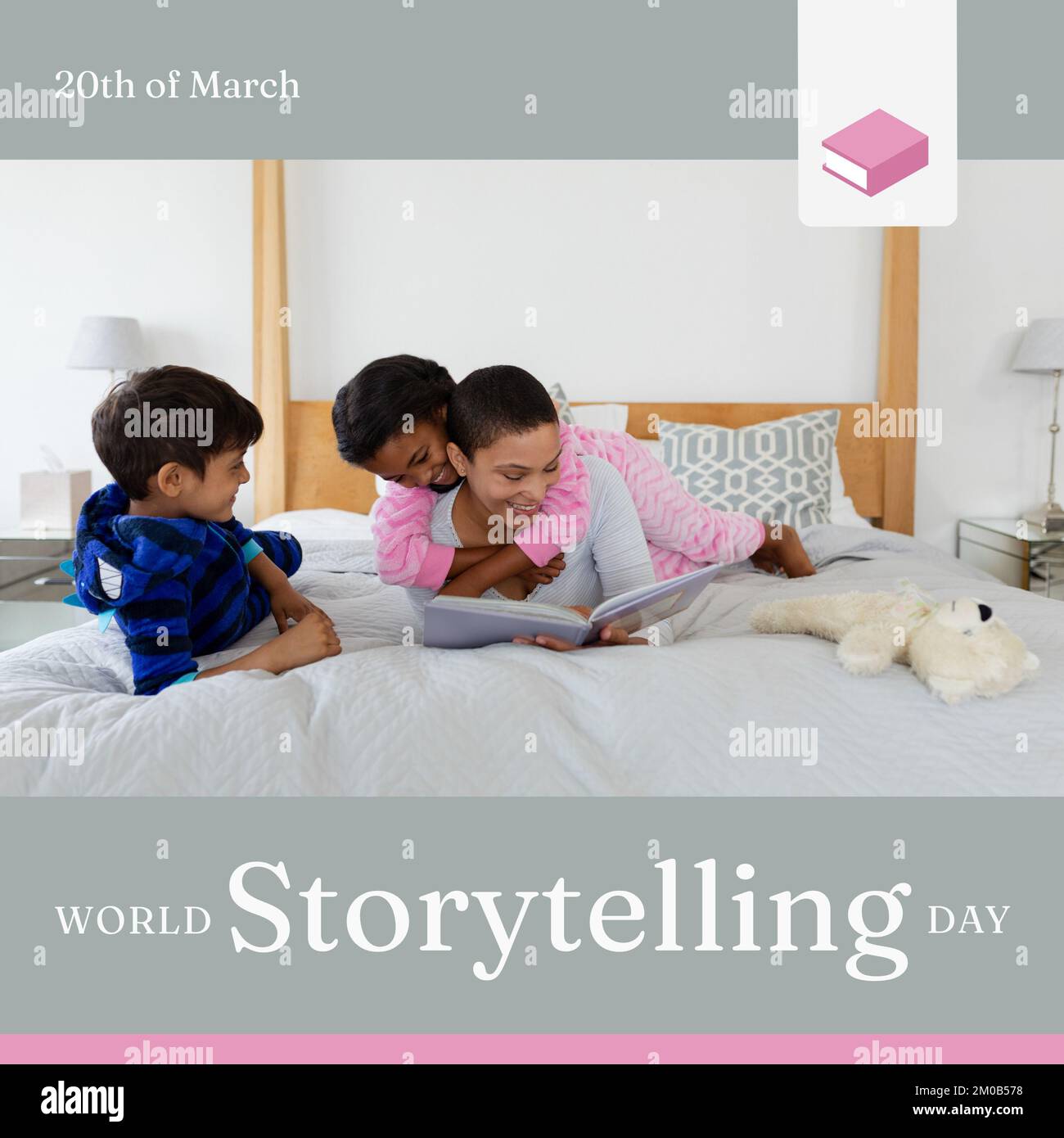 Composition of world storytelling day text with mother reading to her ...