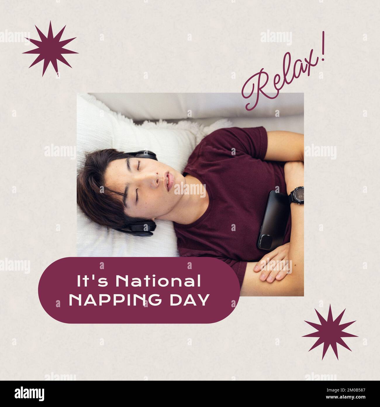 Composition of national napping day text with biracial man sleeping ...