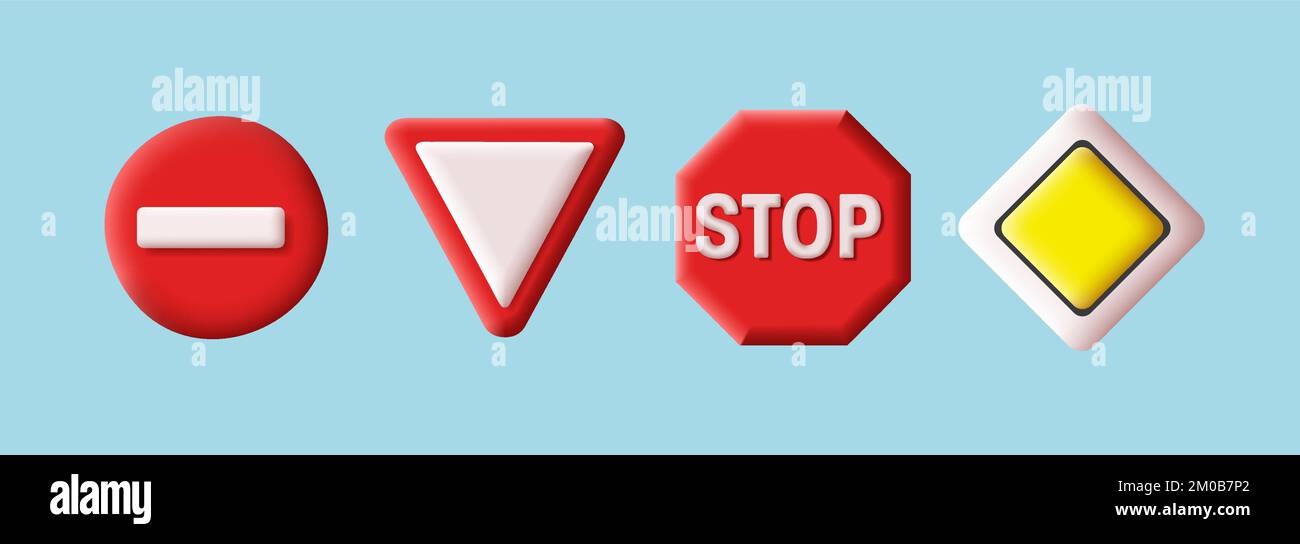 Road signs 3d icon set with stop sign, main and secondary road and ...