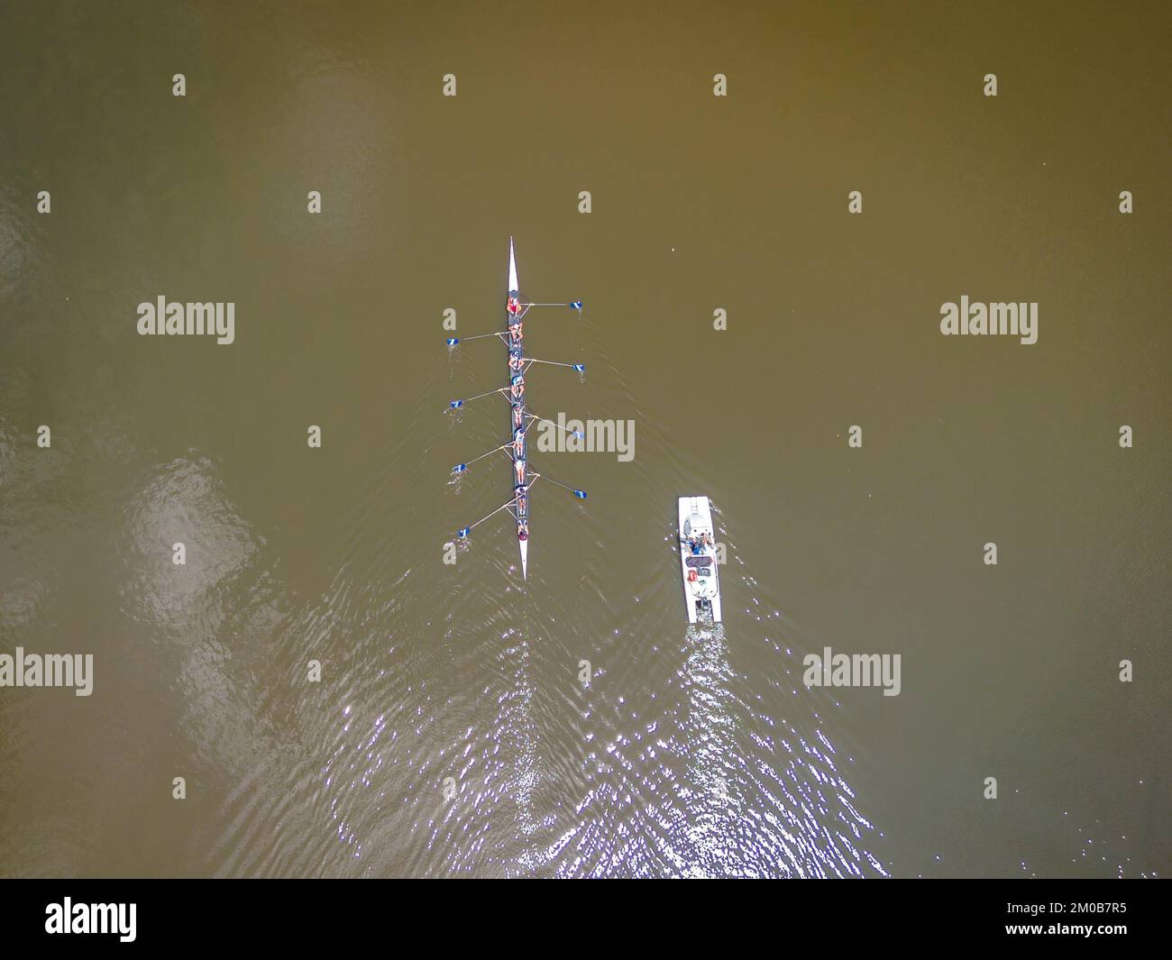 A top view of a rowing team, rowing on the Passaic River in North ...