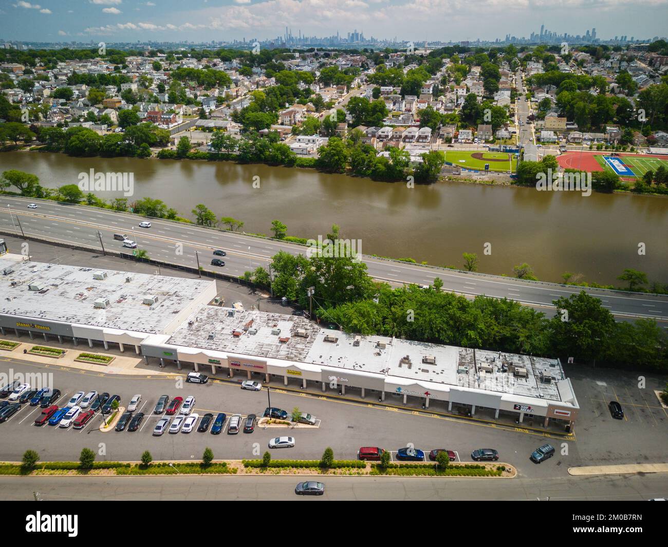 An aerial view of the Passaic River and the city of North Arlingtonthe ...