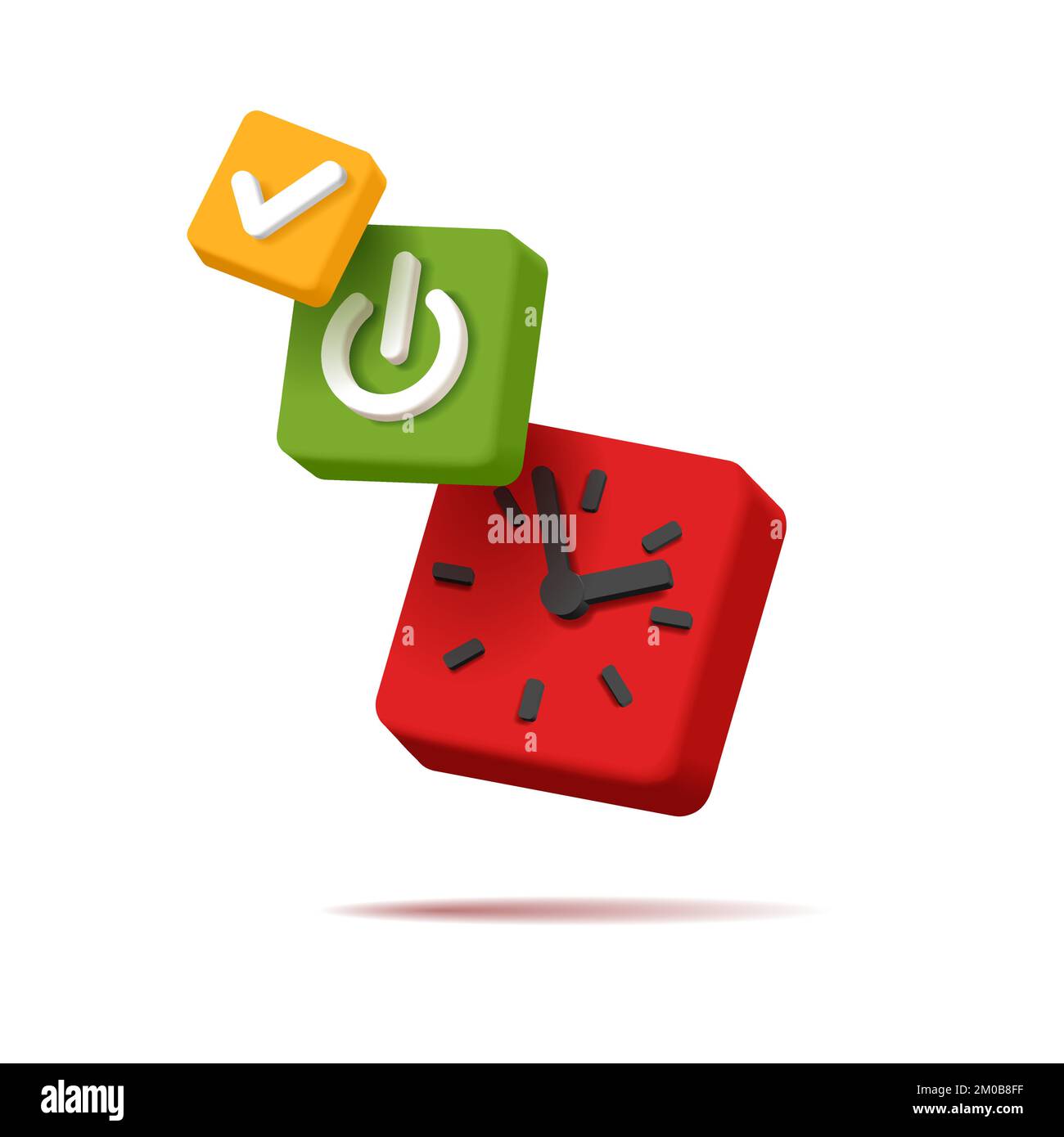 3d alarm clock, square shape with power button and check mark, isolated ...
