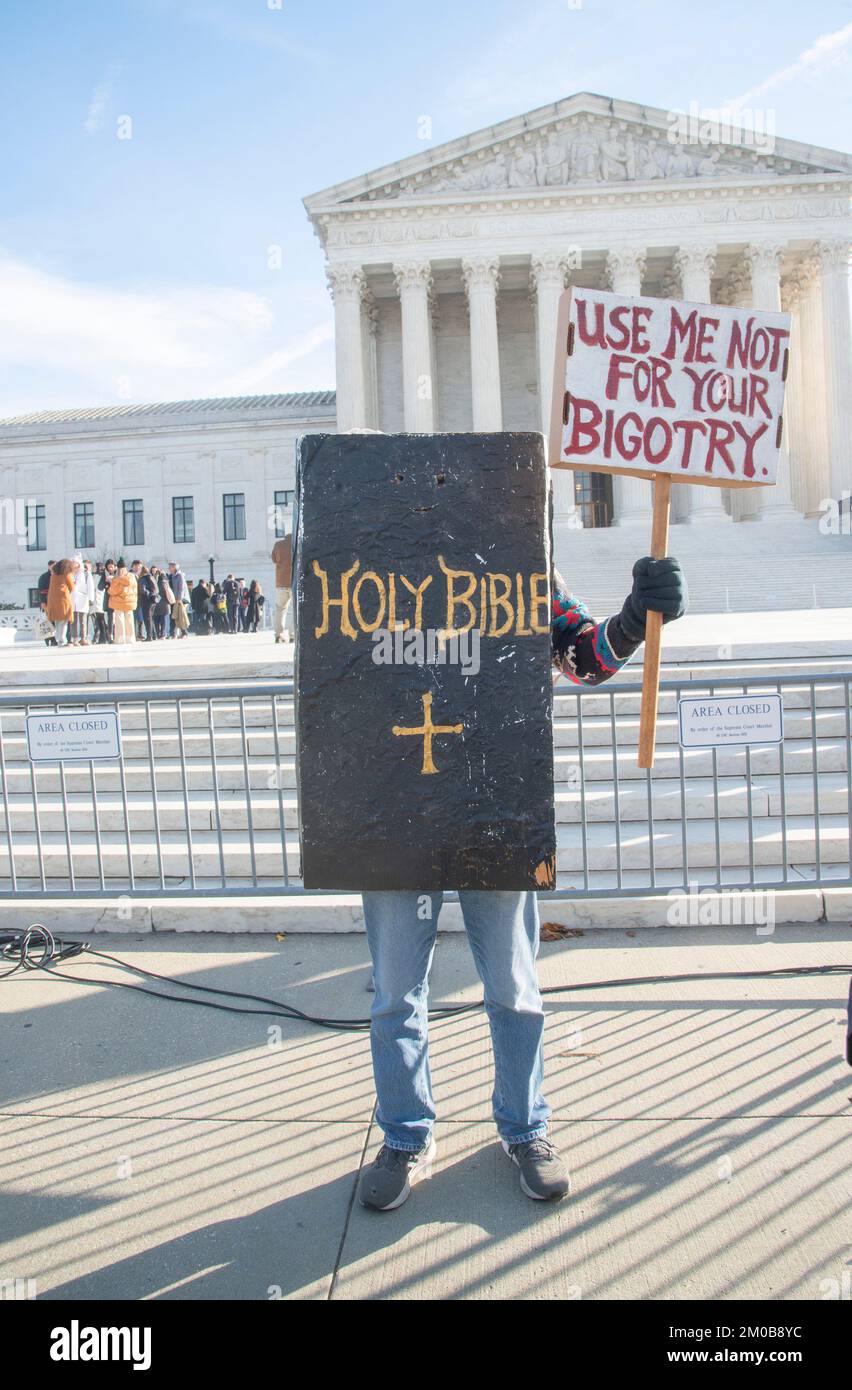 A protestor at the US Supreme Court in Washington DC uses a bible ...