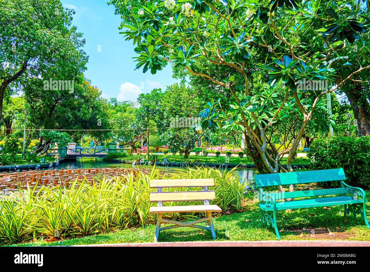 Colorful benches at the pond in surrounding of greenery of Saranrom ...