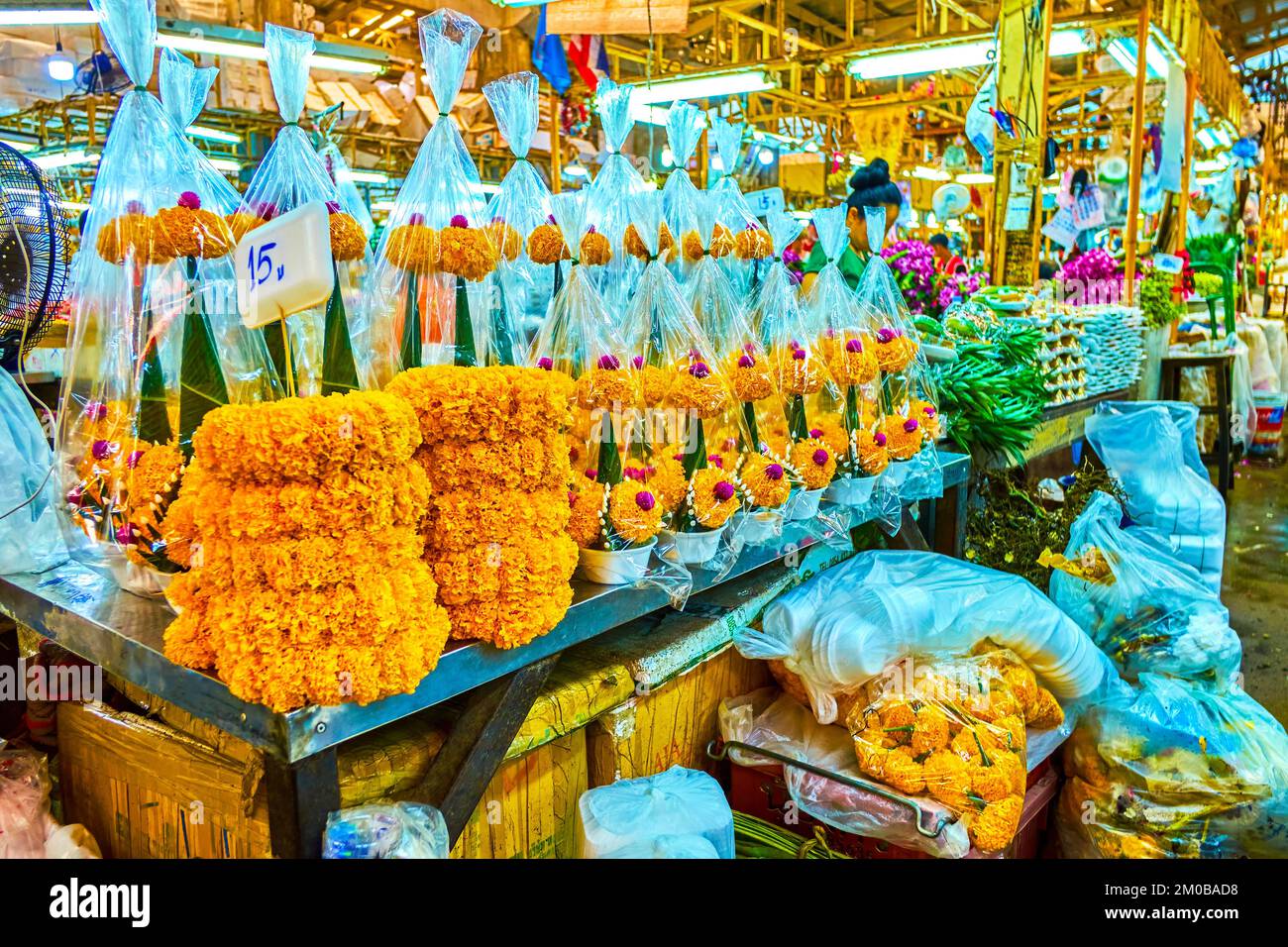 Buddhist ritual flower compositions in Pak Khlong Talat Flower Market ...