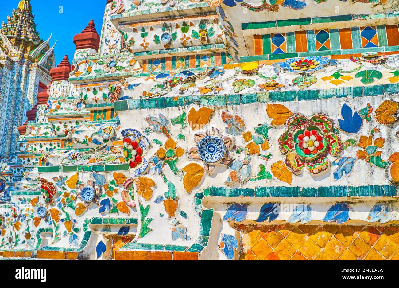 Prang of Wat Arun temple in Bangkok with colorful tile decoration is ...
