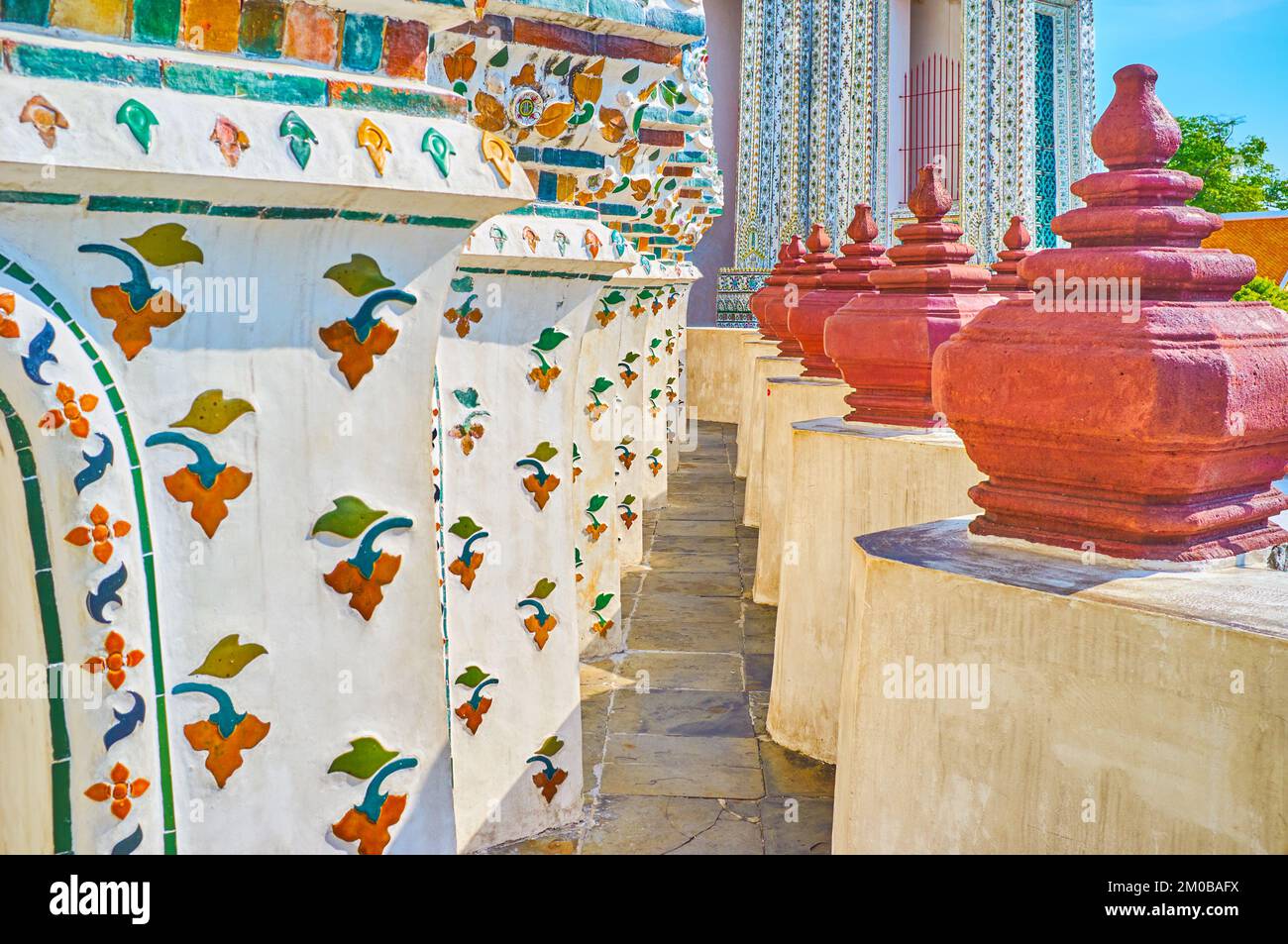 The observing balcony on the Prang of Wat Arun, decorated with scenic ...