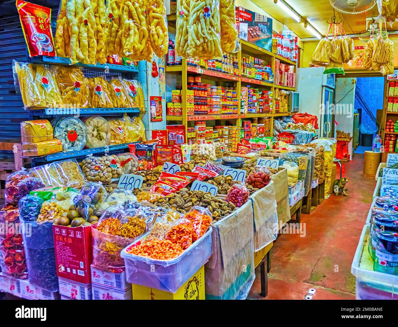 BANGKOK, THAILAND - APRIL 23, 2019: The counter of the grocery stall in Sampeng Lane Market, on ...