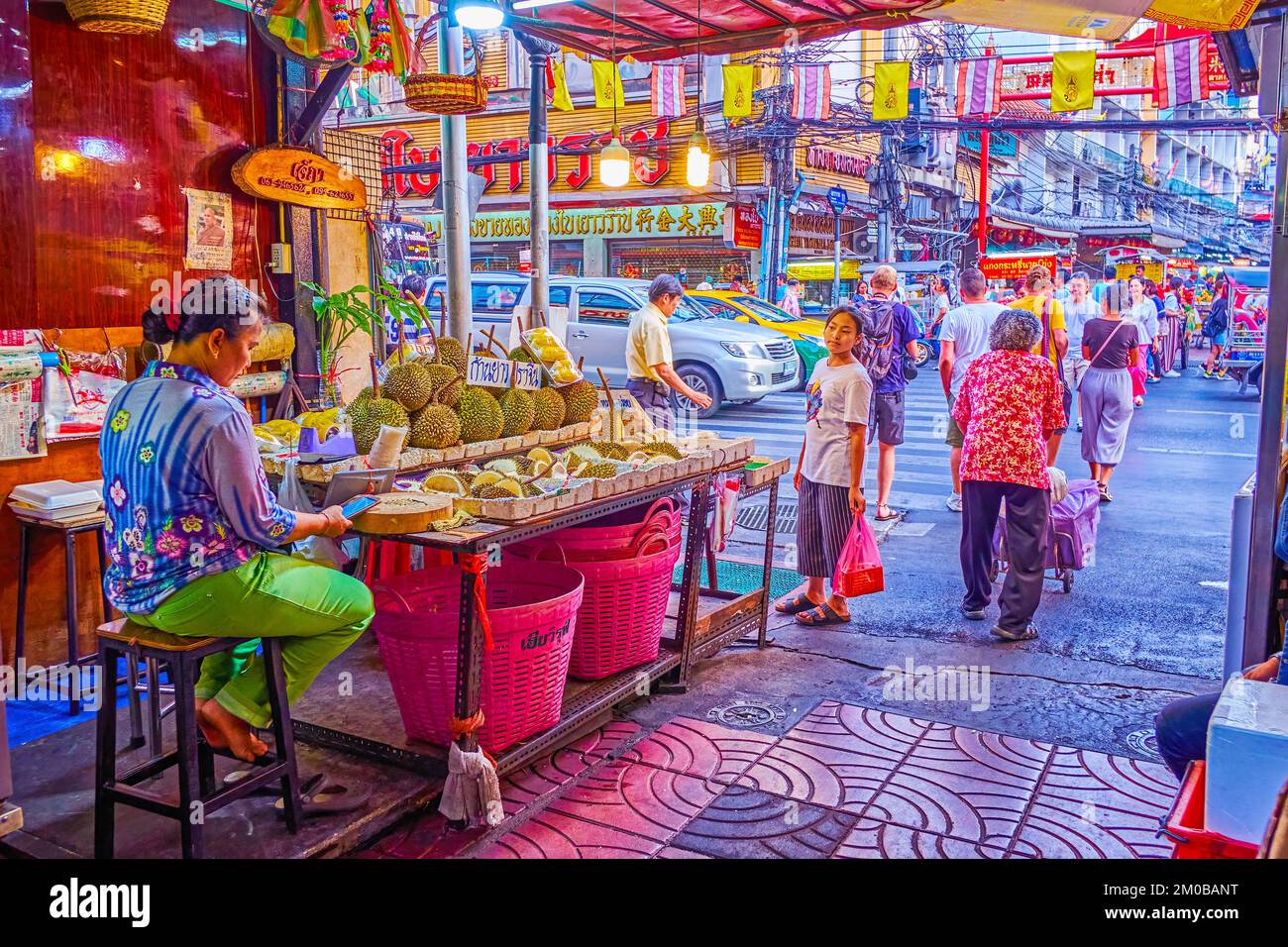 BANGKOK, THAILAND - APRIL 23, 2019: The fruit stall with heaps of ...