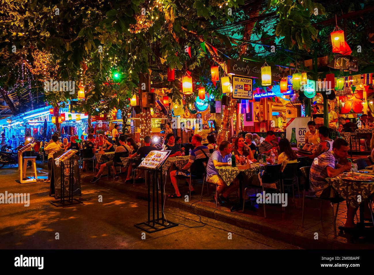 BANGKOK, THAILAND - APRIL 23, 2019: The scenic outdoor restaurant under ...
