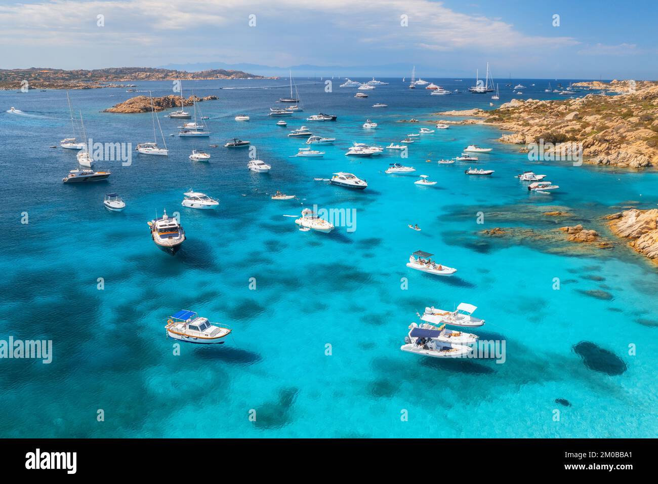 Aerial view of luxury yachts on blue sea at sunny day in summer ...