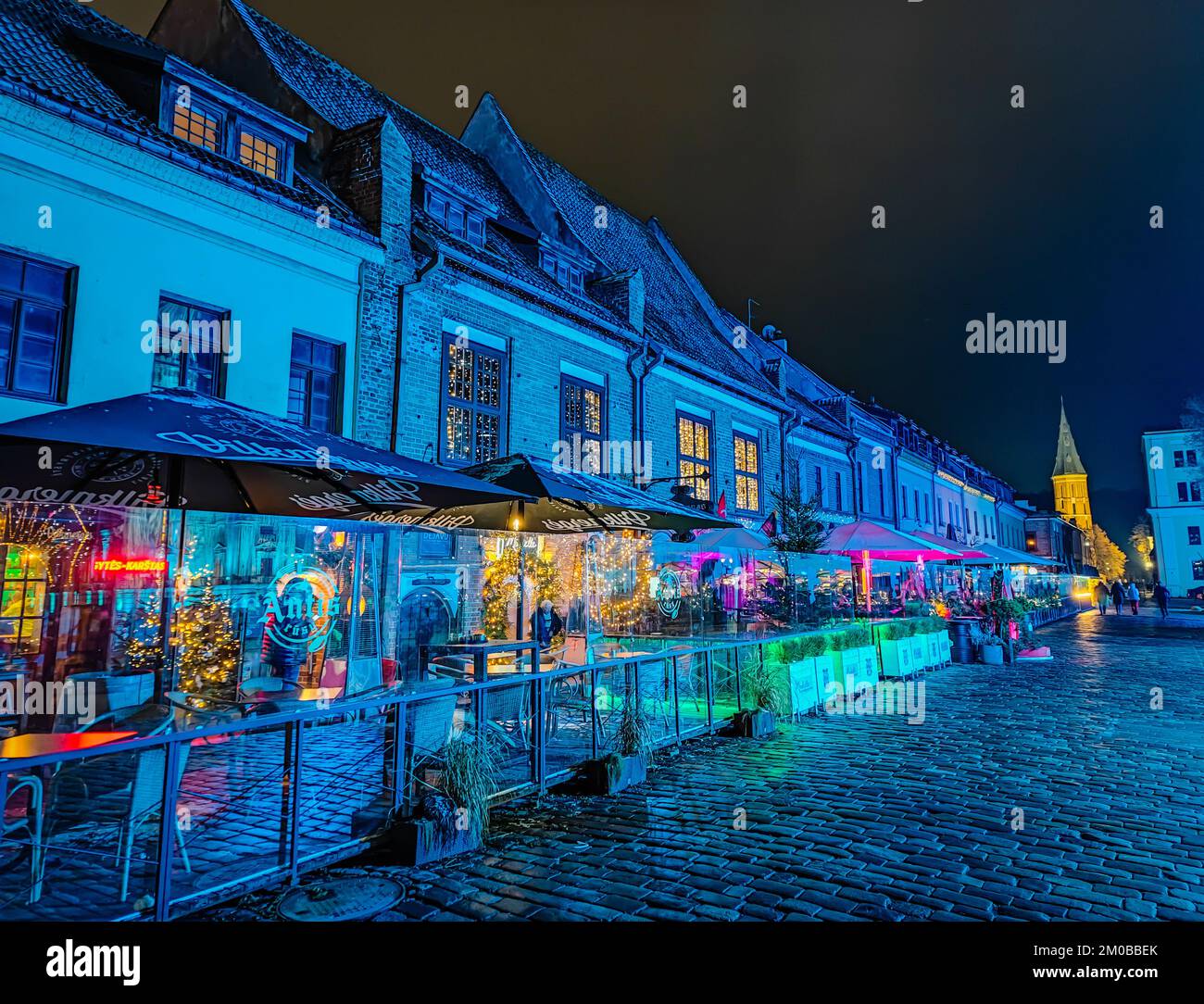 Kaunas city old town street with restaurants and bard decorated for ...