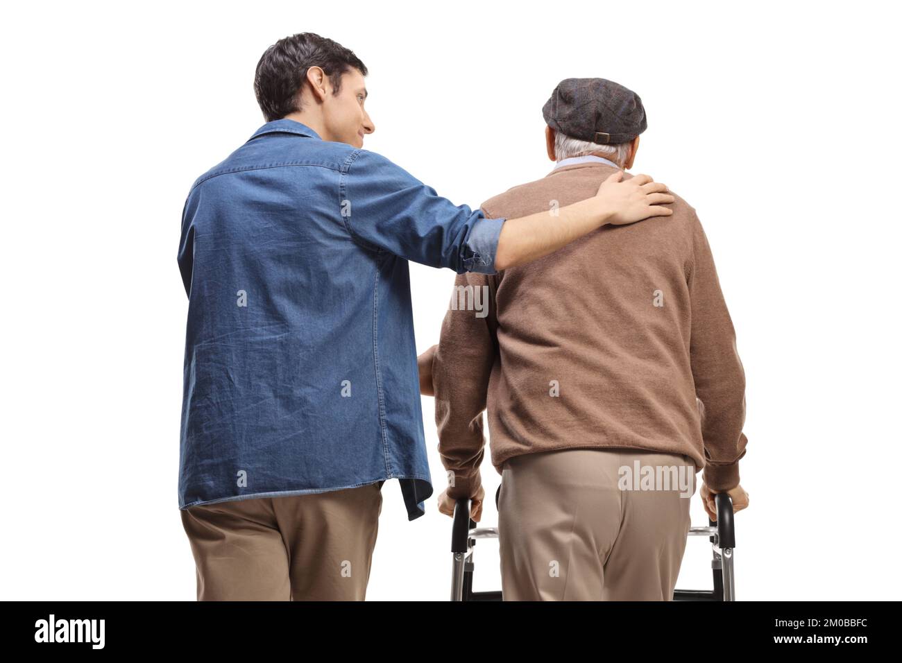 Rear view of a young man helping an elderly man with a walker isolated ...