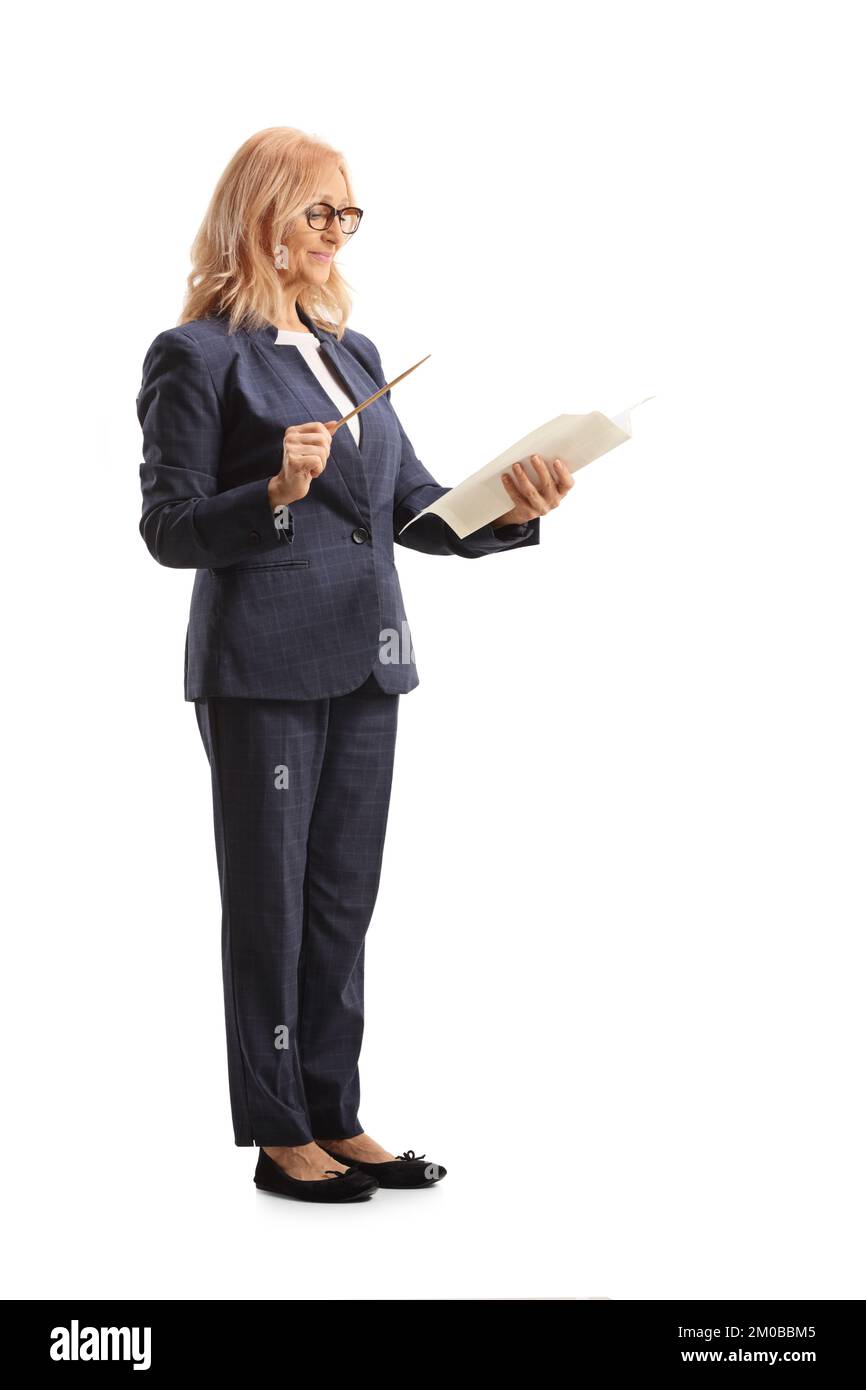 Female teacher holding a stick and paper isolated on white background ...