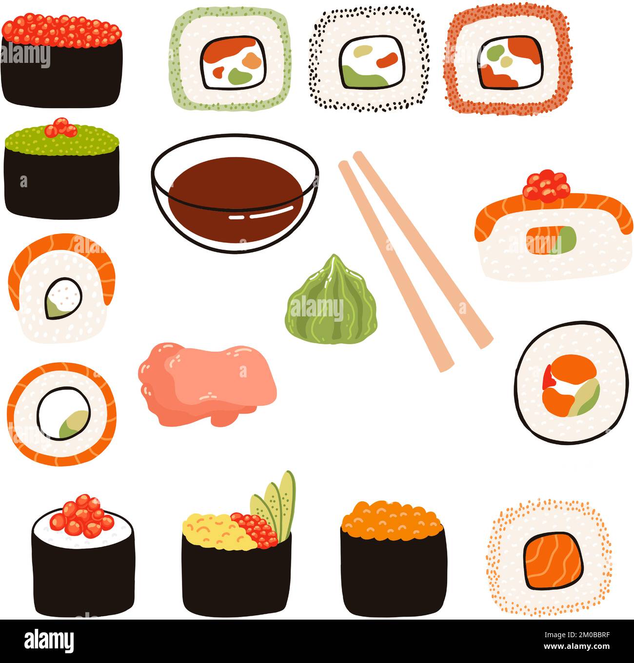 Sushi set with with soy sauce, ginger, wasabi, chopsticks in flat style ...