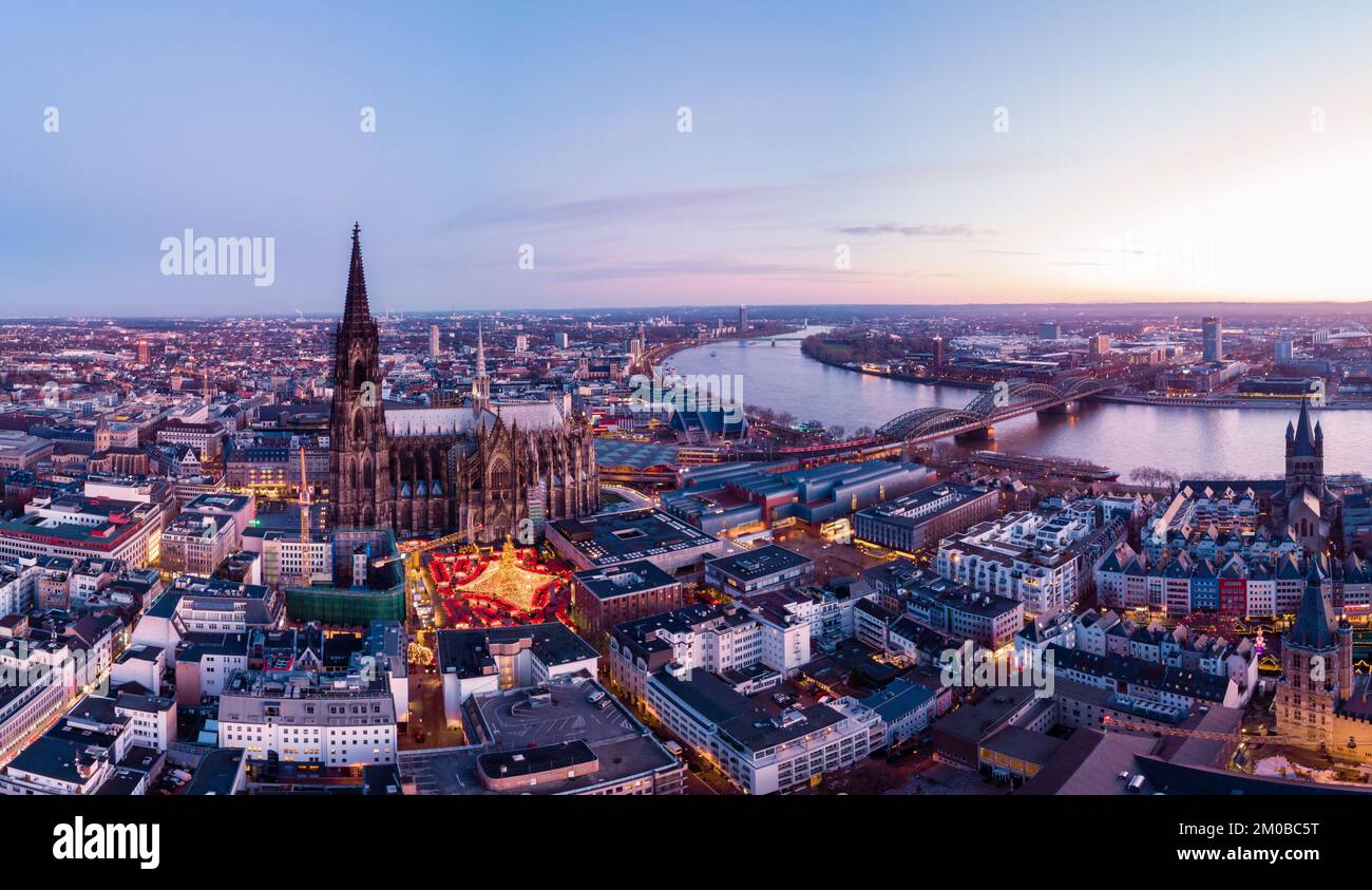 Cologne Germany Christmas market, aerial drone view over Cologne with ...
