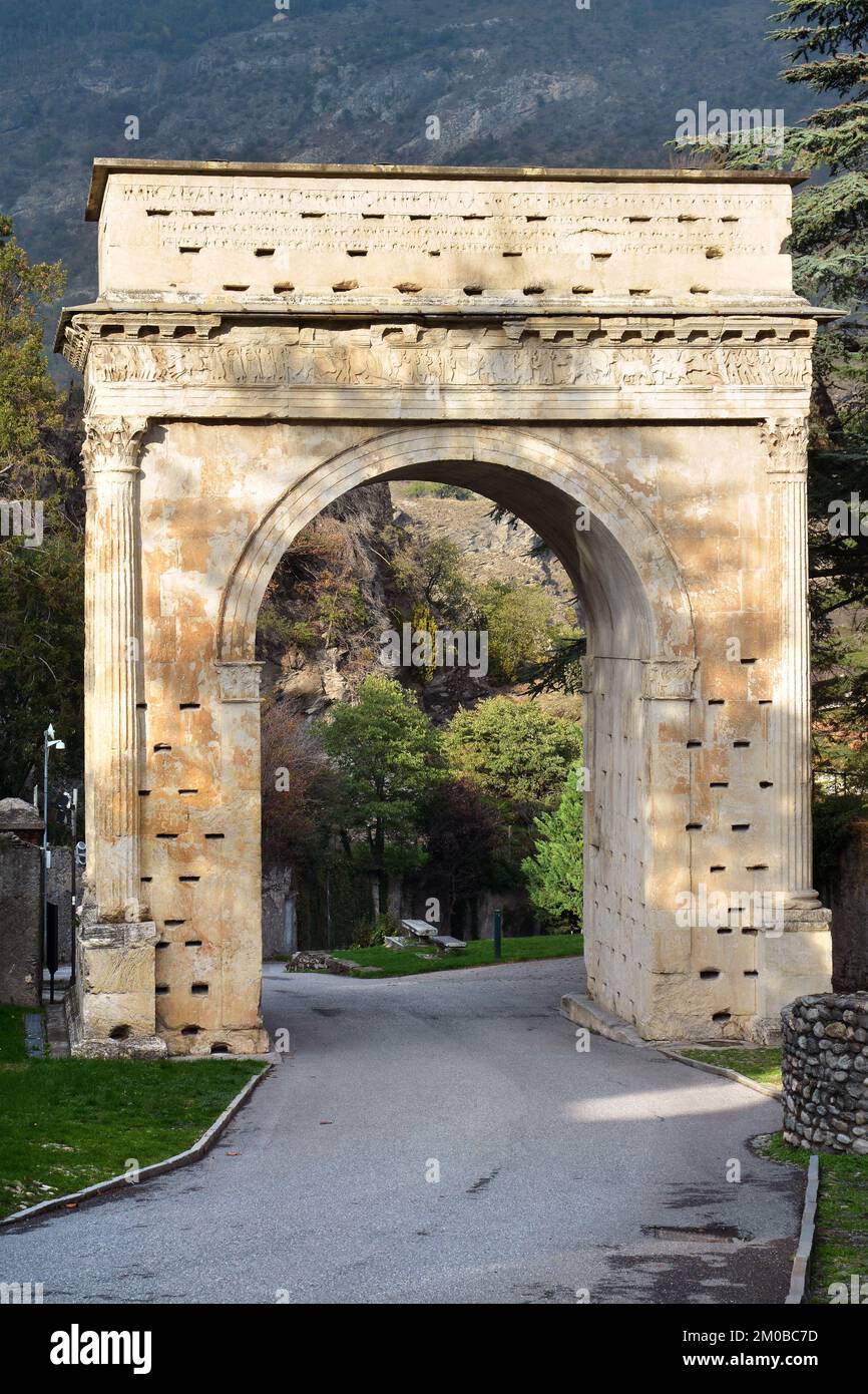 Susa, Piedmont, Italy -10-22-2022- The Roman triumphal arch in honor of ...