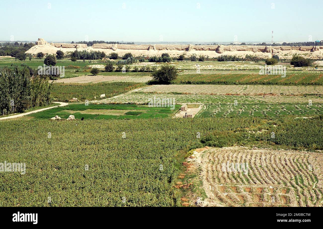 Balkh in Balkh Province, Afghanistan. View across a farm and fields to ...