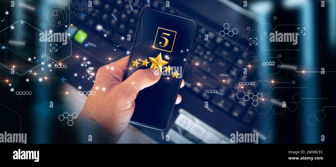 Businessman with smartphone rating 5 stars. Positive customer feedback ...