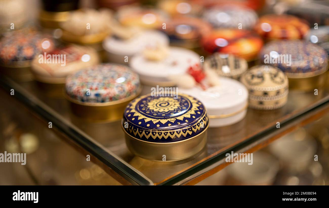 Metal gift boxes decorated with colorful turkish motifs, jewelry box ...