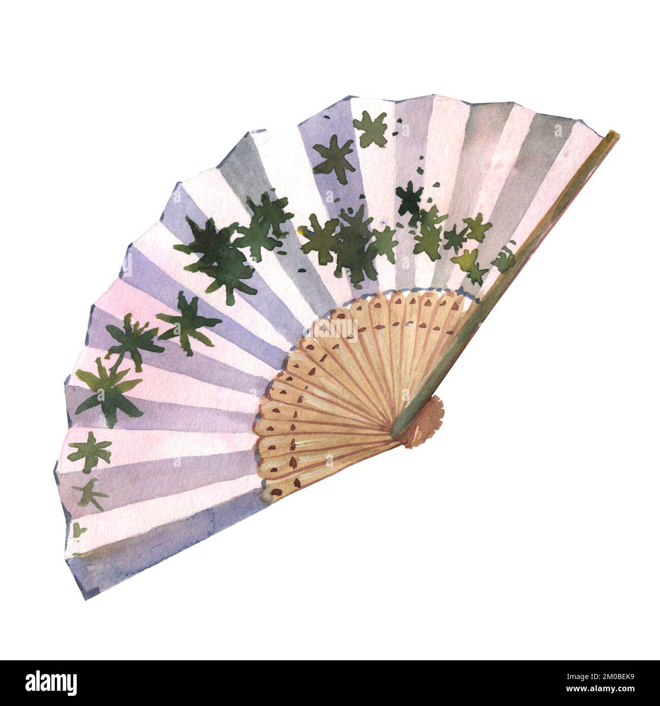 Watercolor japanese fan with green leaves isolated on white background ...