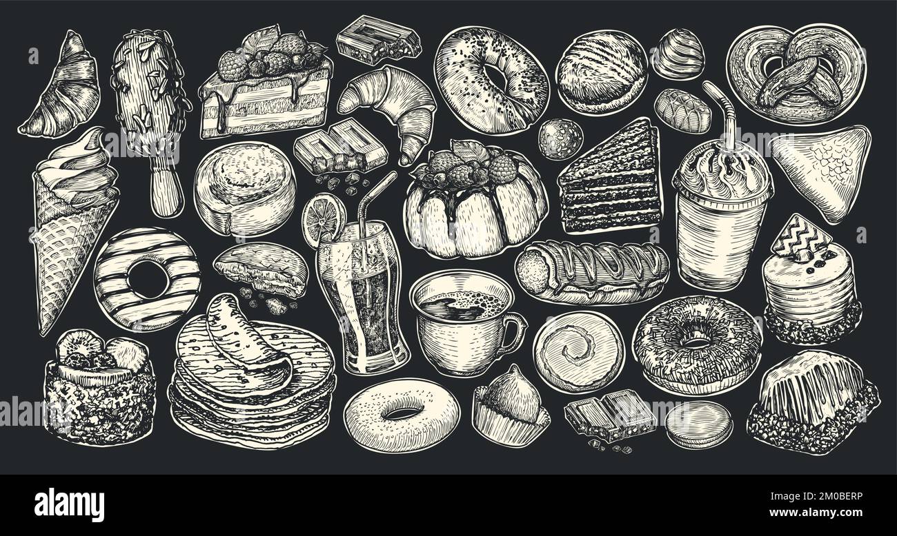 Food and Drink chalk drawn set on black board. Collection sketches for ...