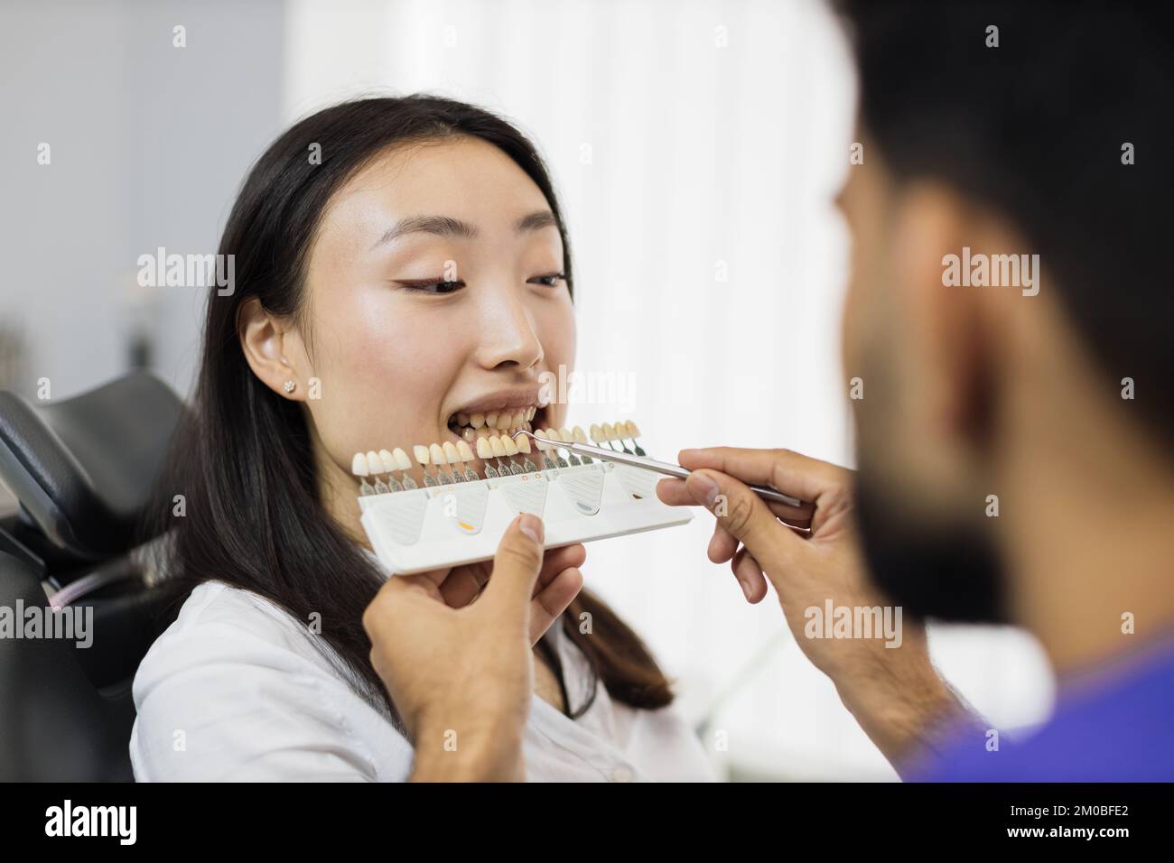 Dentist Choosing Color Of Filling From Palette Back View Of Male