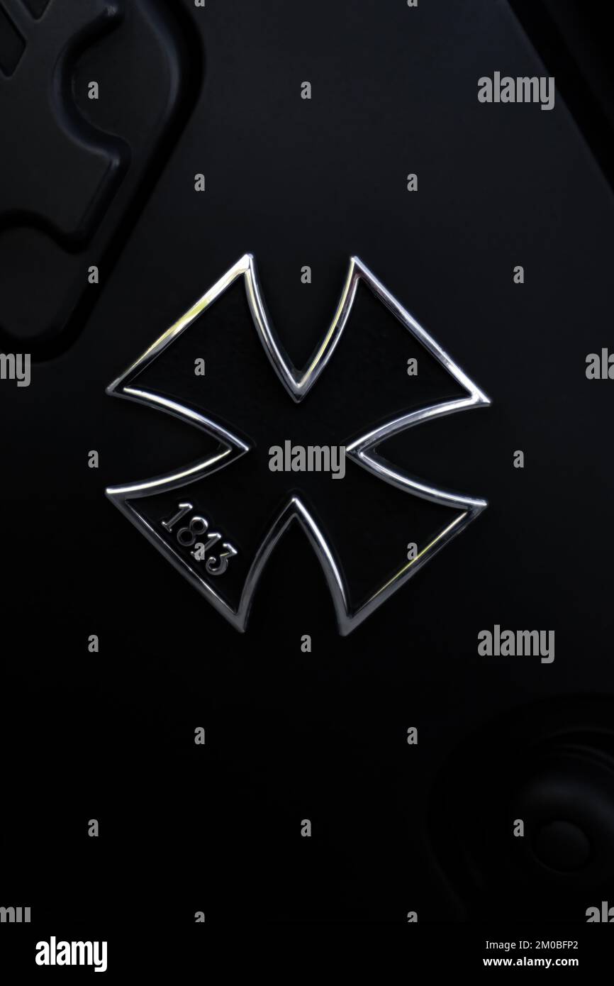Metallic black German Maltese cross on the black matte tank of the ...