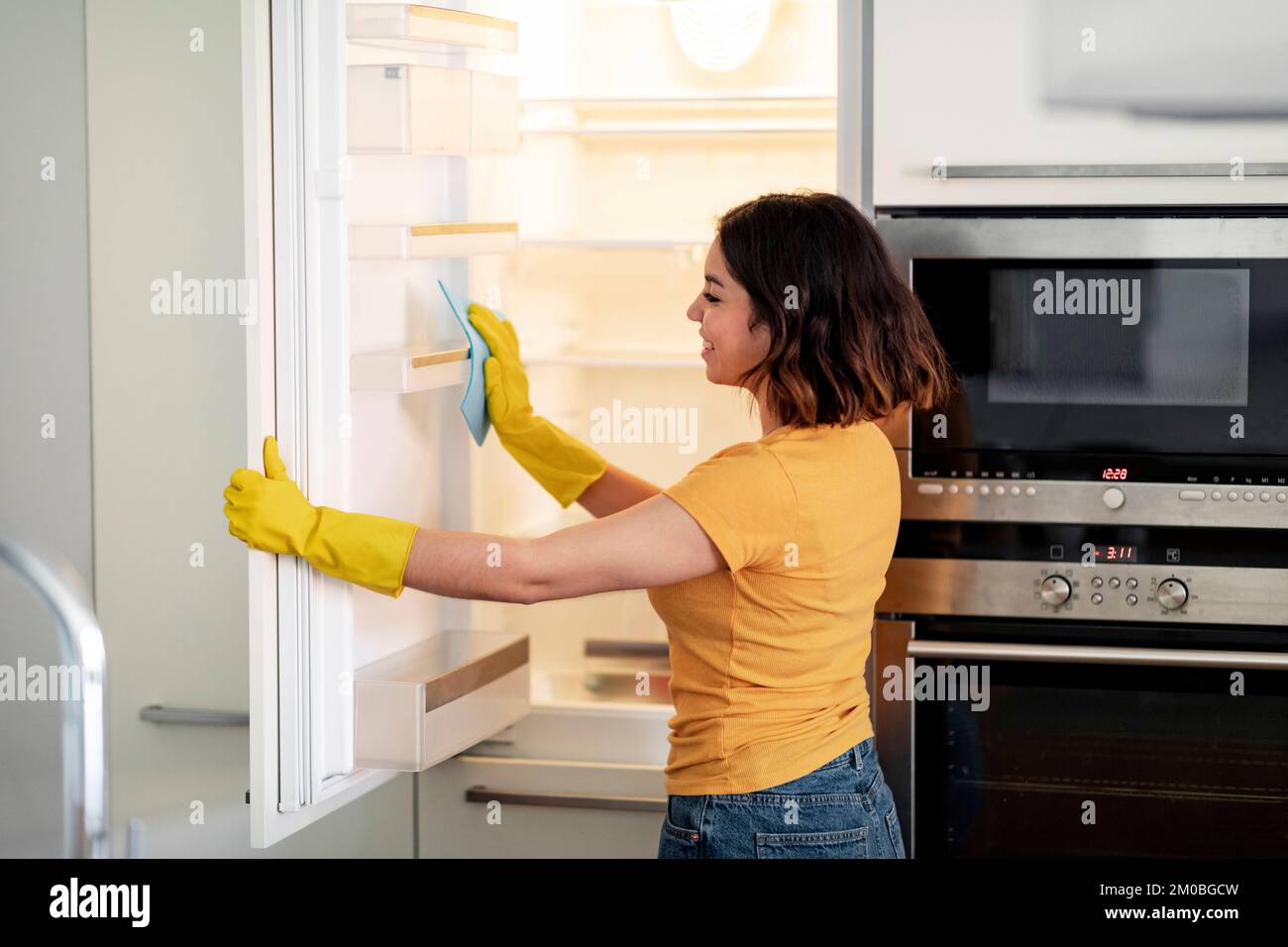 Woman washing home refrigerator using hi-res stock photography and ...