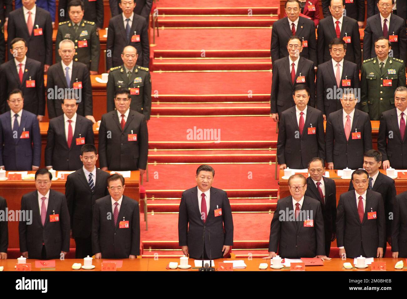 (from left to right) Zhang Dejiang, Hu Jintao, Xi Jinping, Jiang Zemin, and Li Keqiang. The 19th ...