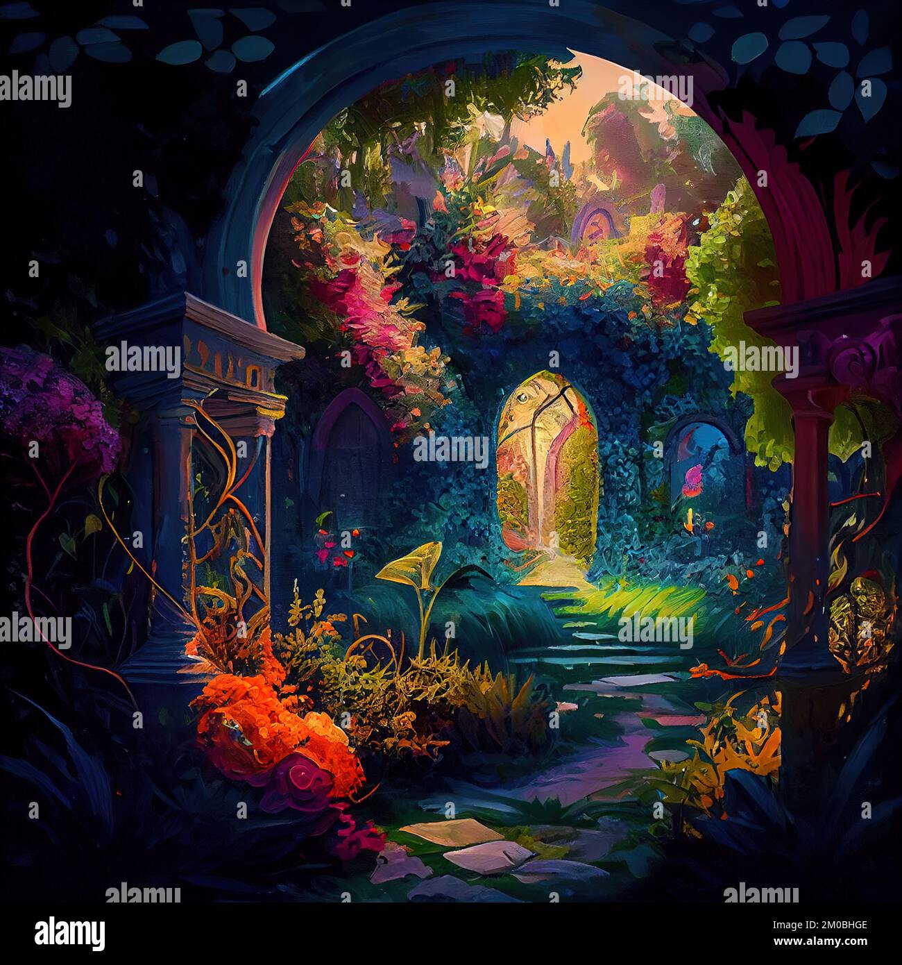 Beautiful Fantasy Garden Background Illustration Stock Photo - Alamy
